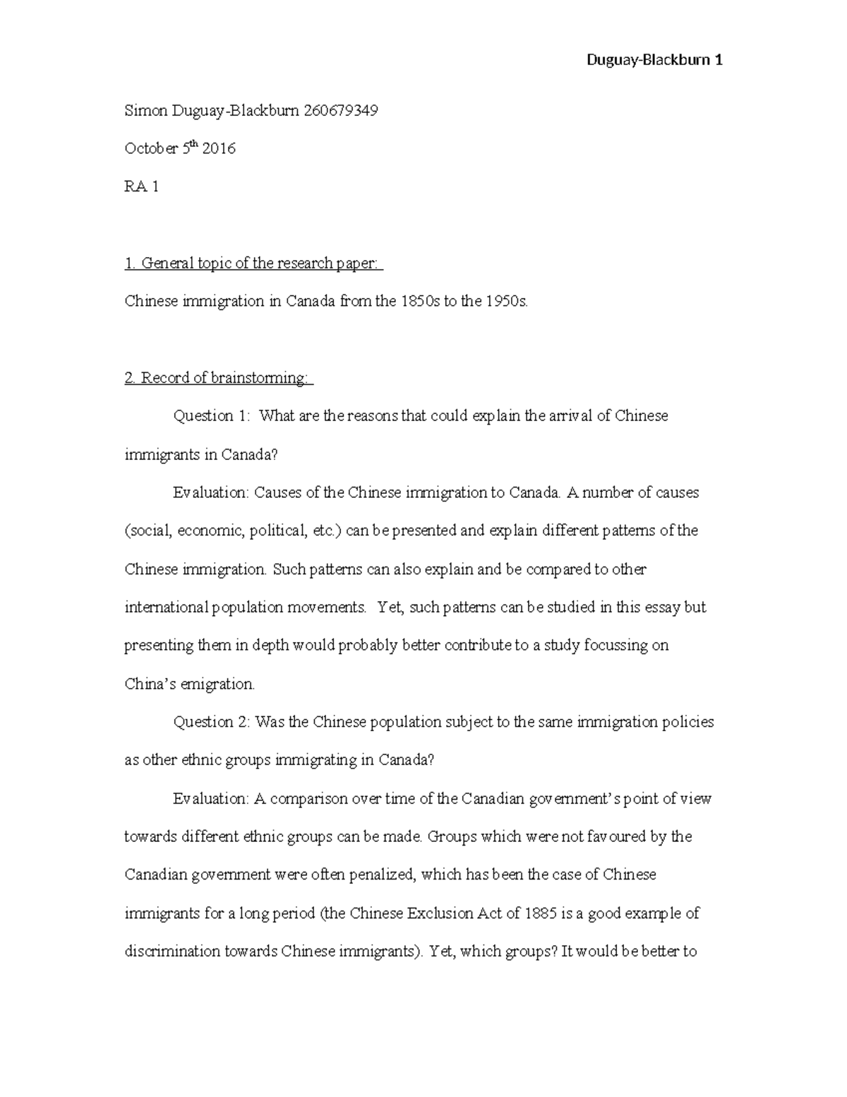 Chinese Immigration in Canada (RA 1) - A Historical Analysis - Studocu