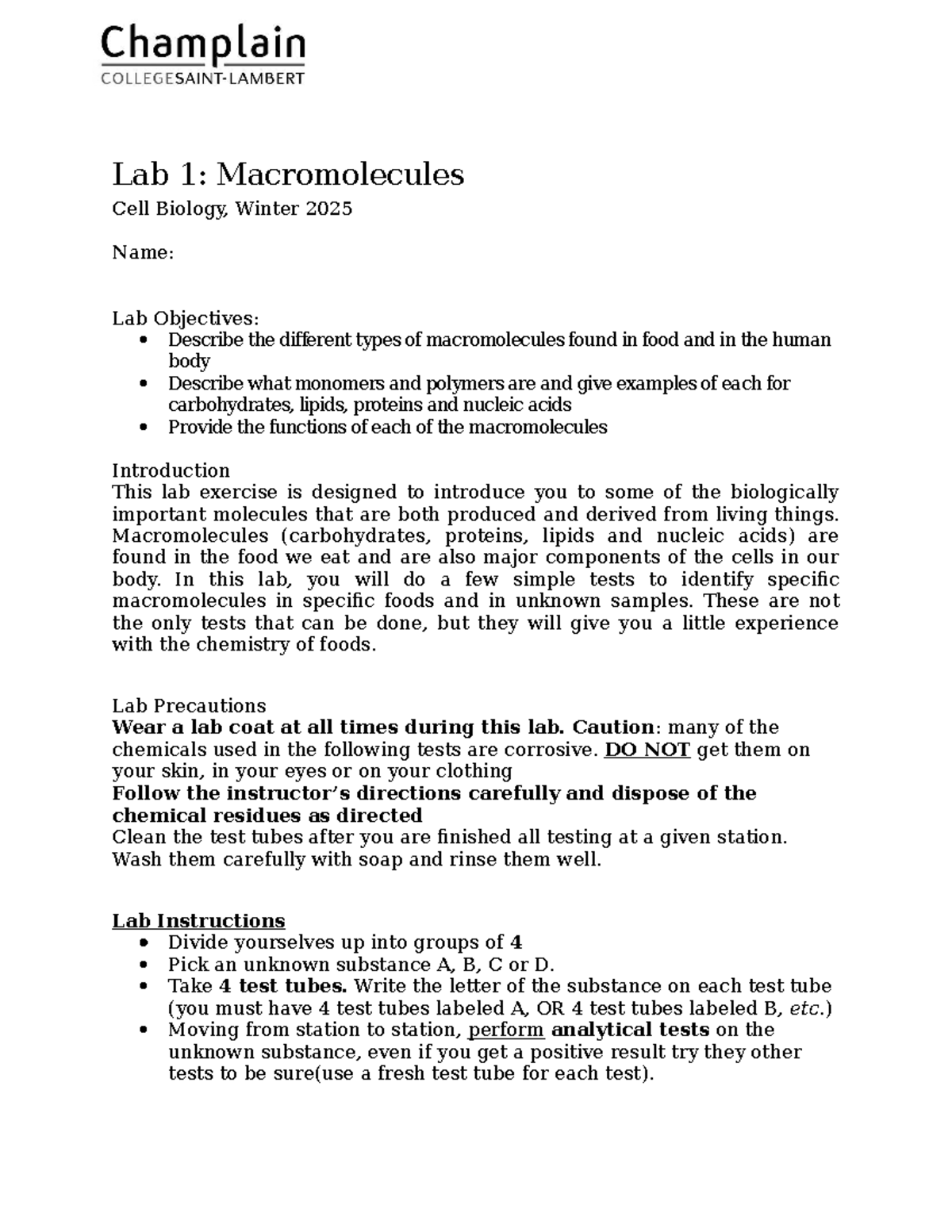 Lab 1: Exploring Macromolecules in Cell Biology (W2025) - Studocu