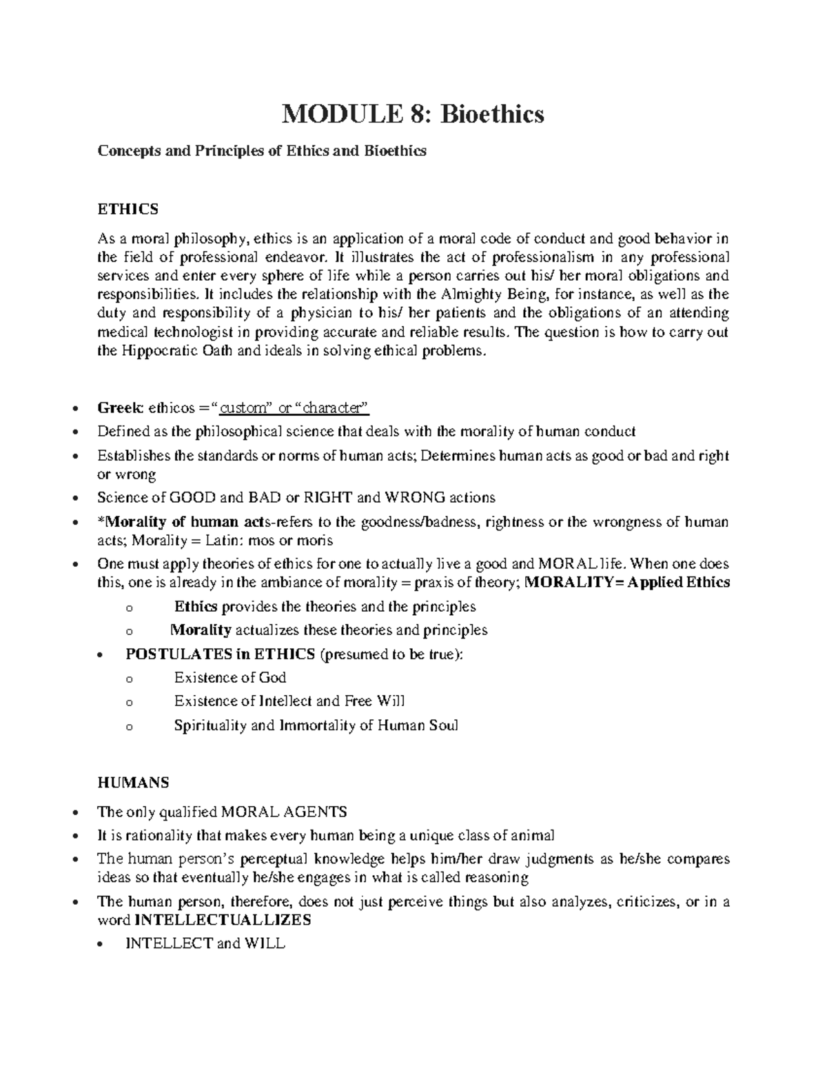 Bioethics - MODULE 8: Bioethics Concepts and Principles of Ethics and ...