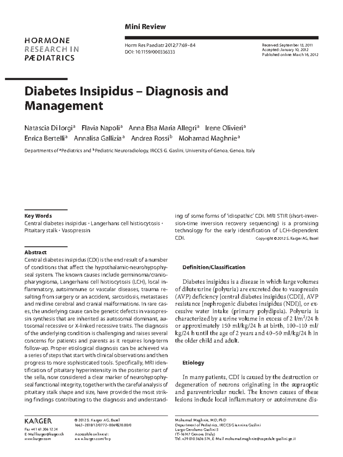 Diabetes Insipidus: Diagnosis & Management Review (HOR MON E RE SE ARCH ...