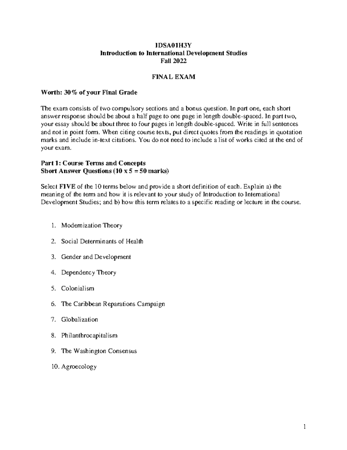 Final EXAM IDSA01H3Y - 1 IDSA01H3Y Introduction to International ...