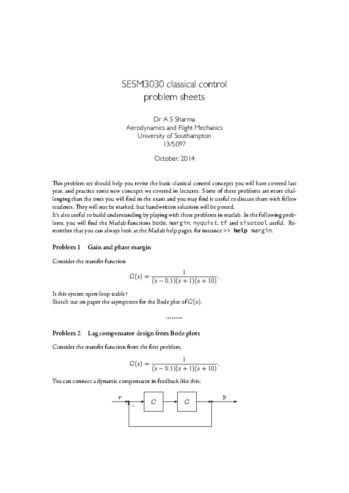 SESM3030 Classical Control - Problem Sheets Tutorial 1 - Studocu