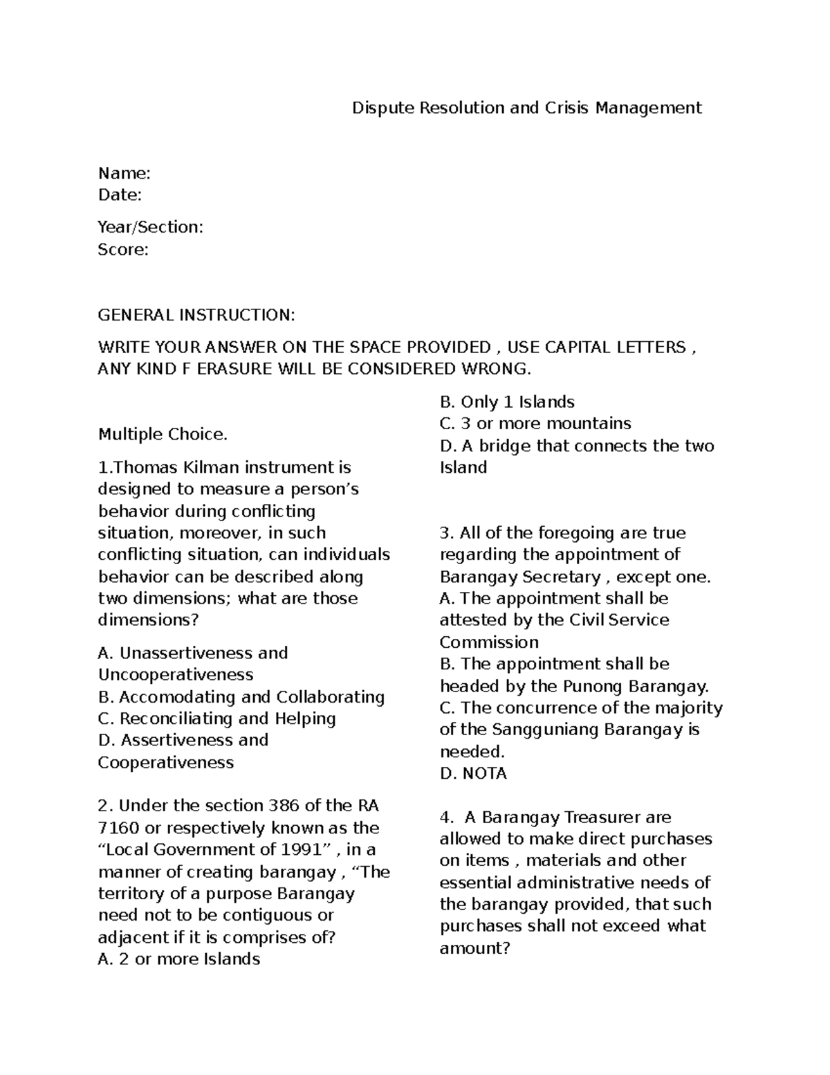 Dispute Resolution & Crisis Management Quiz - Course Code: DRCM 101 ...