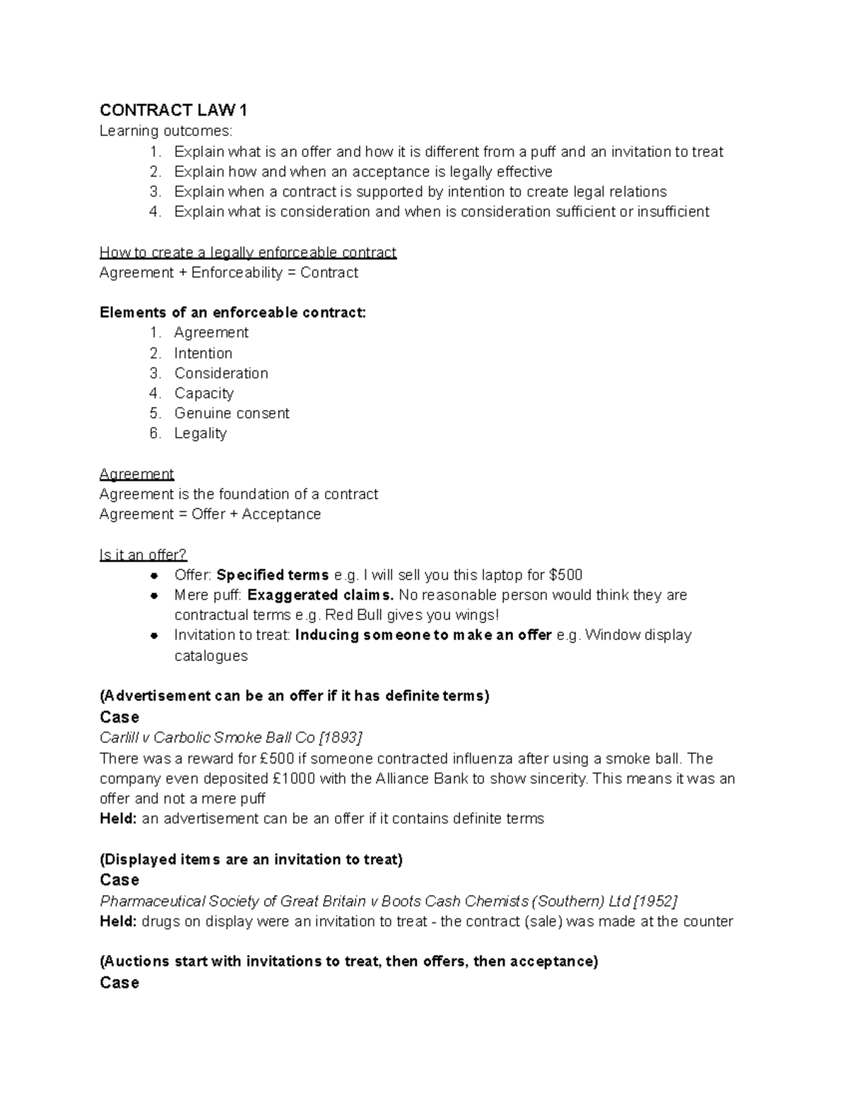 CONTRACT LAW 1, 2 & 3: Comprehensive Study Notes on Contractual ...