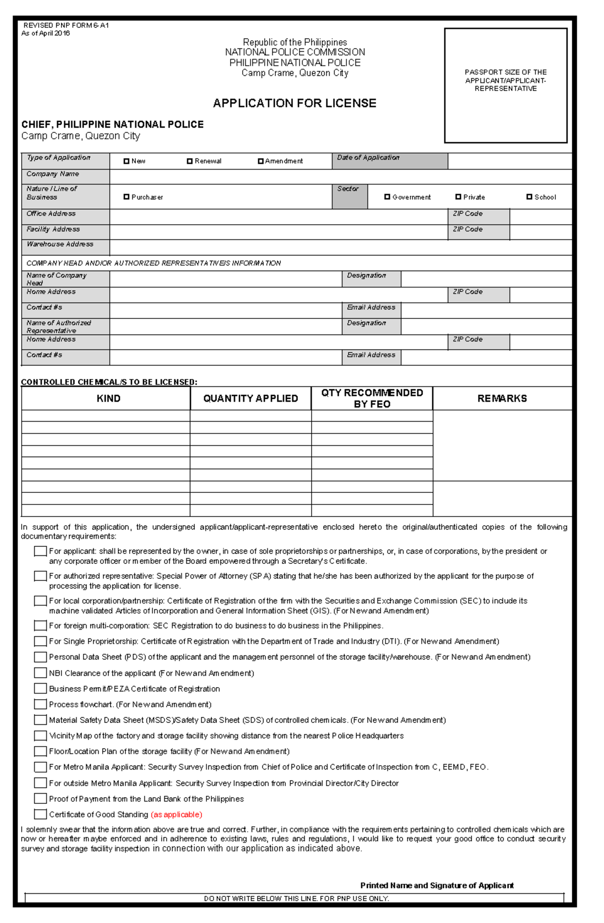 PNP Form 6-A: License Renewal Amendment for Controlled Chemicals ...