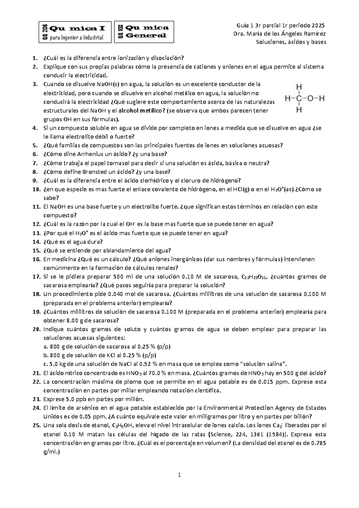 Guía 1 3r Parcial QQ 103 QQ 206 Química I para Ingeniería Industrial - Studocu