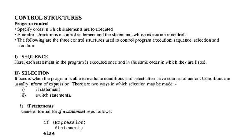 C- Control Structures: Sequence, Selection, and Iteration Notes - Studocu
