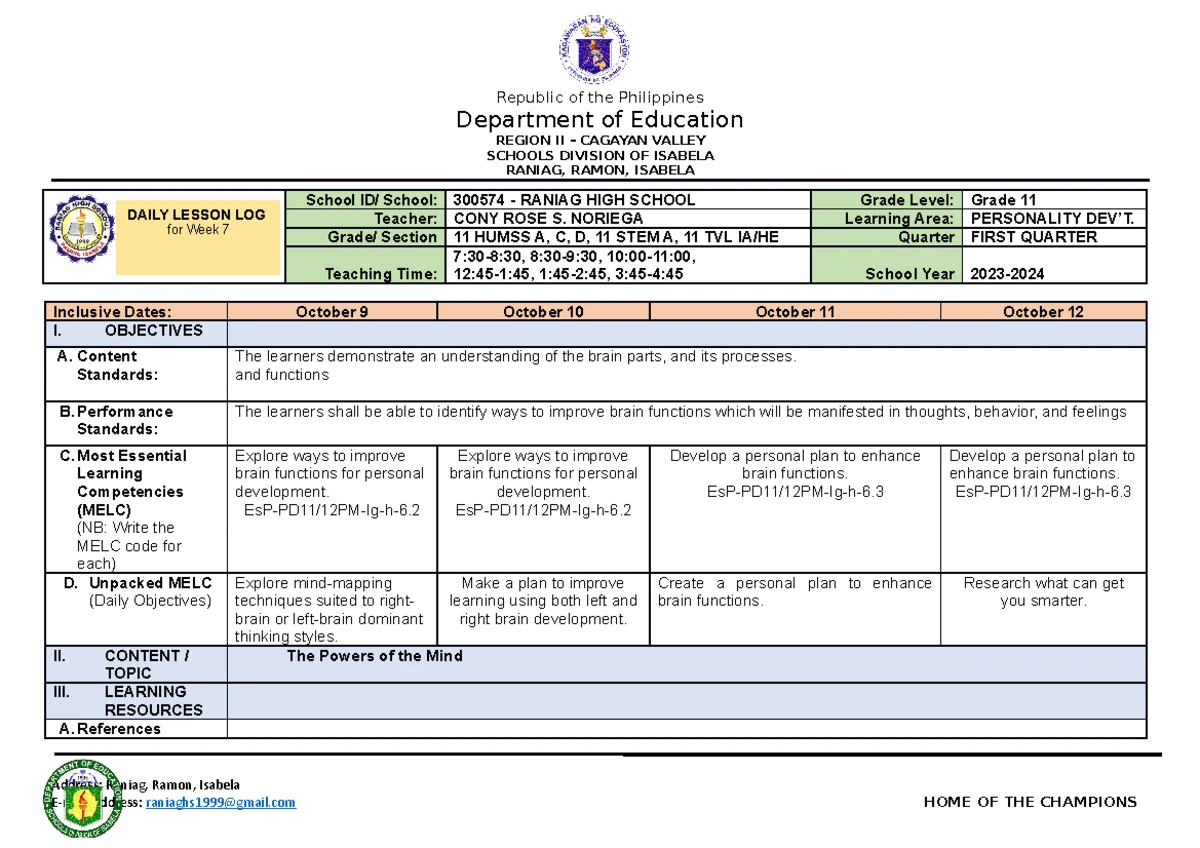 DLL Perdev Q1 W2 - PERSONAL DEVELOPMENT QUARTER 1 WEEK 2 - Republic of ...