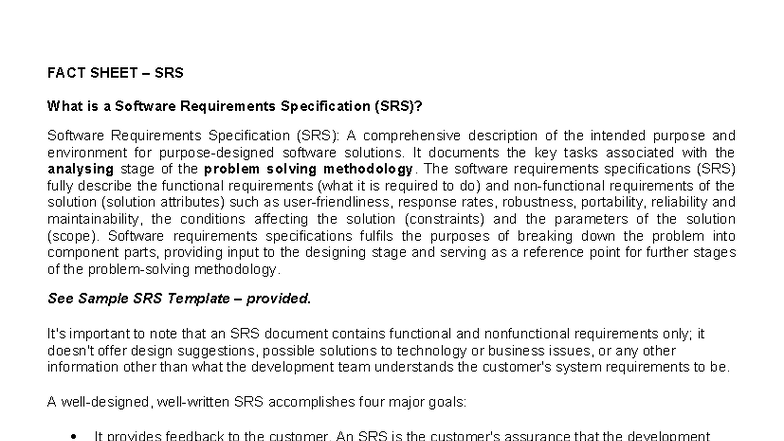Fact Sheet SRS: Understanding Software Requirements Specification - Studocu