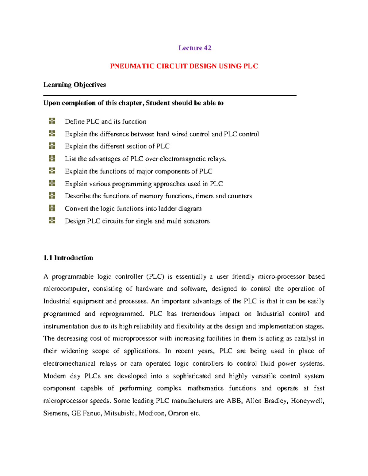 PNEUMATIC CIRCUIT DESIGN USING PLC - LECTURE 42 NOTES - Studocu