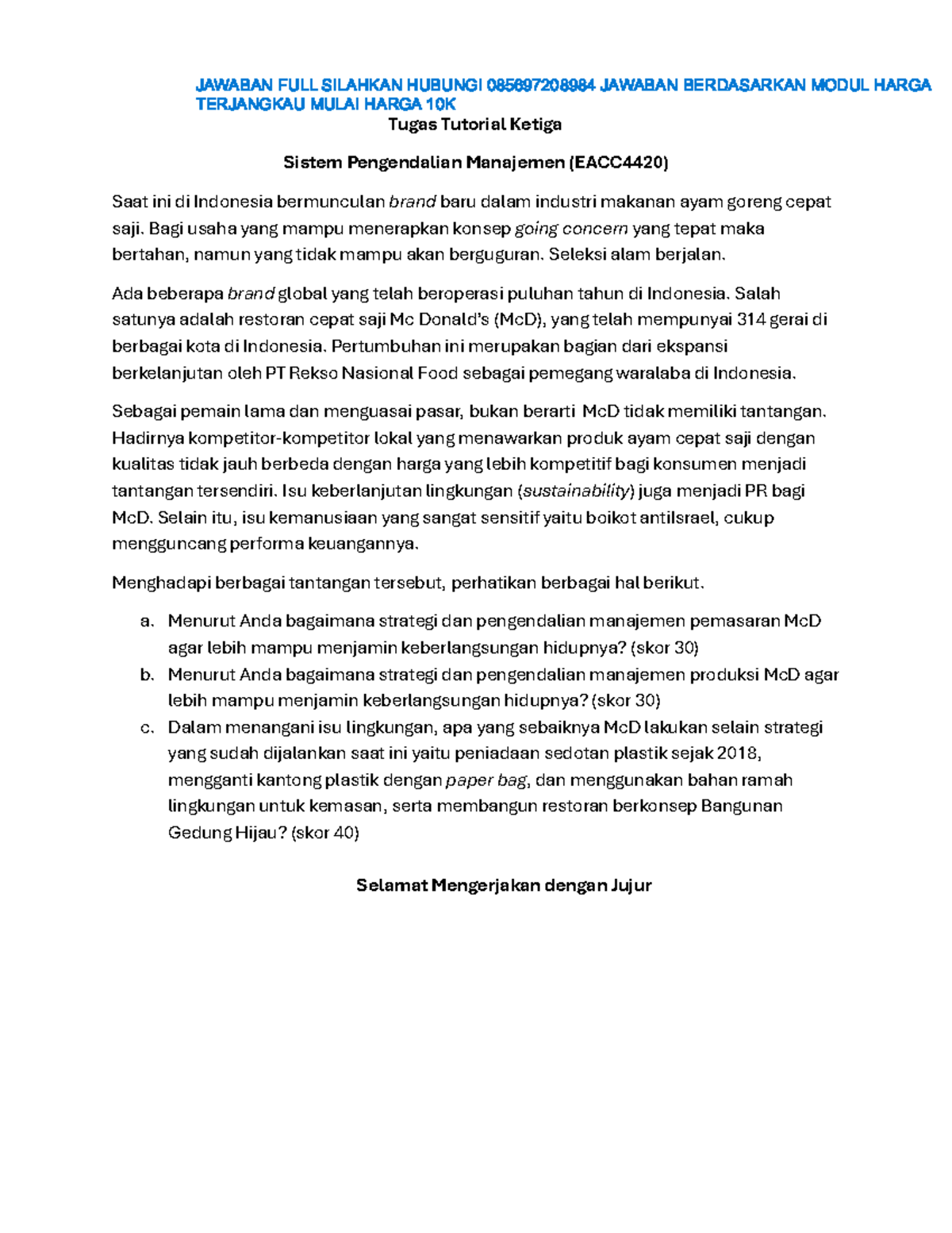 Strategi Pengendalian Manajemen McD dalam Industri Ayam Goreng ...
