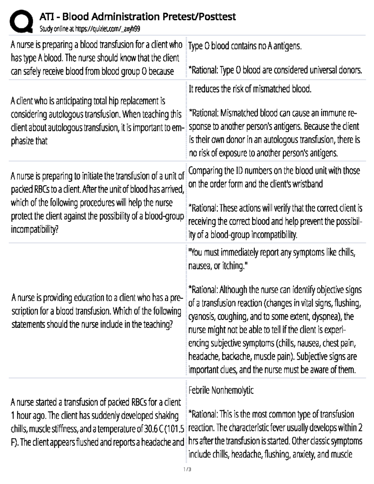 Blood Administration ATI Study Guide for Nurses - Studocu