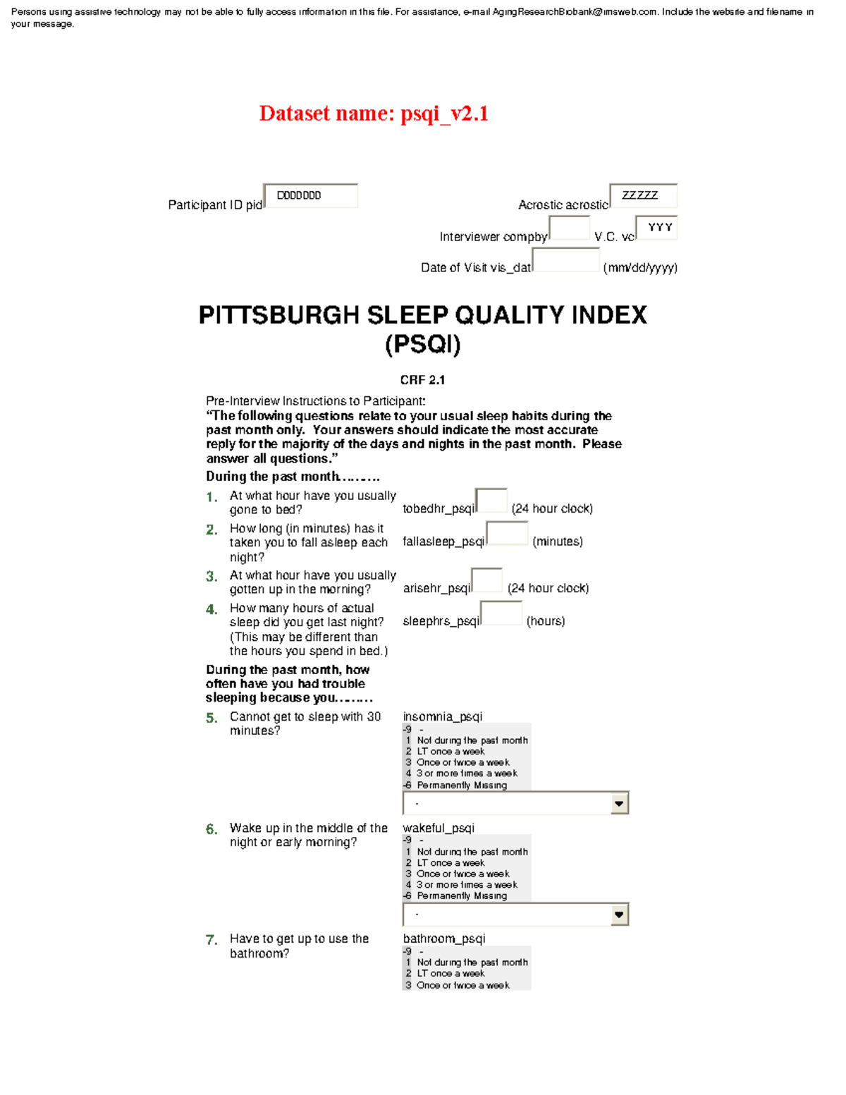 Pittsburgh Sleep Quality Index (PSQI) v2.1 - Participant Instructions ...