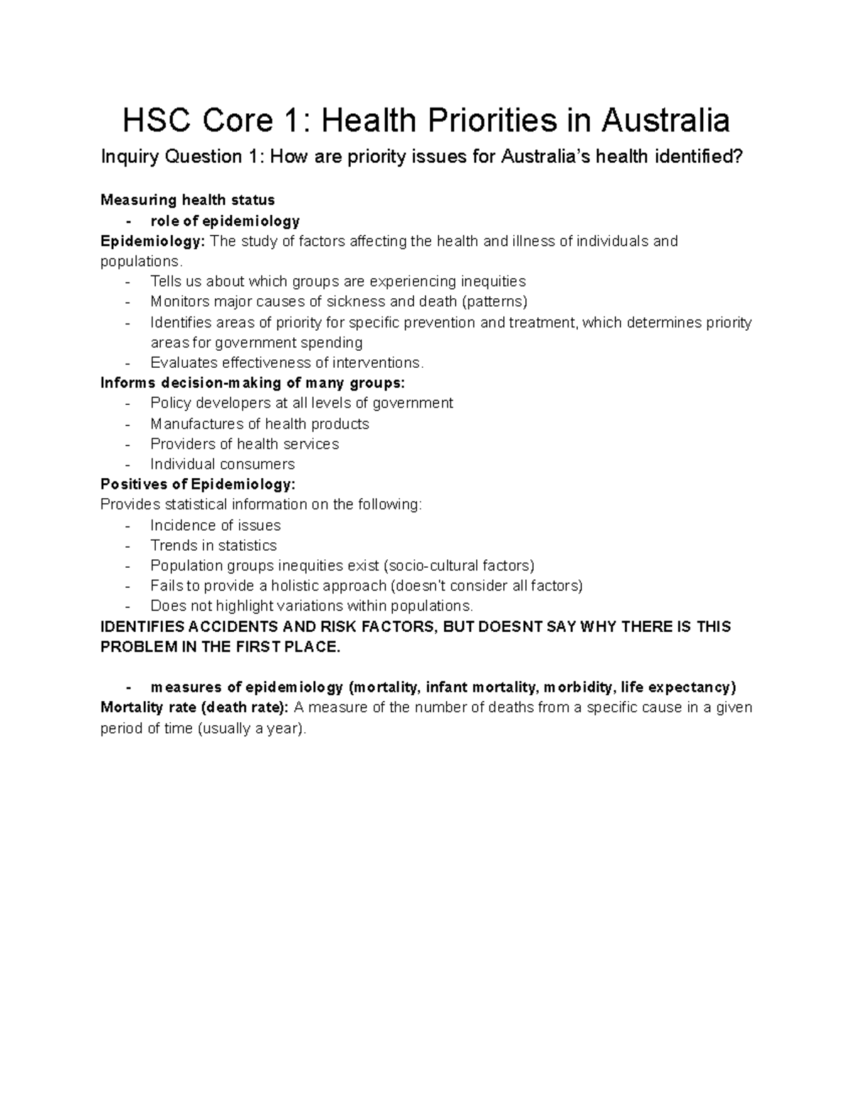 Pdhpe HSC Core 1: Health Priorities in Australia Overview - Studocu
