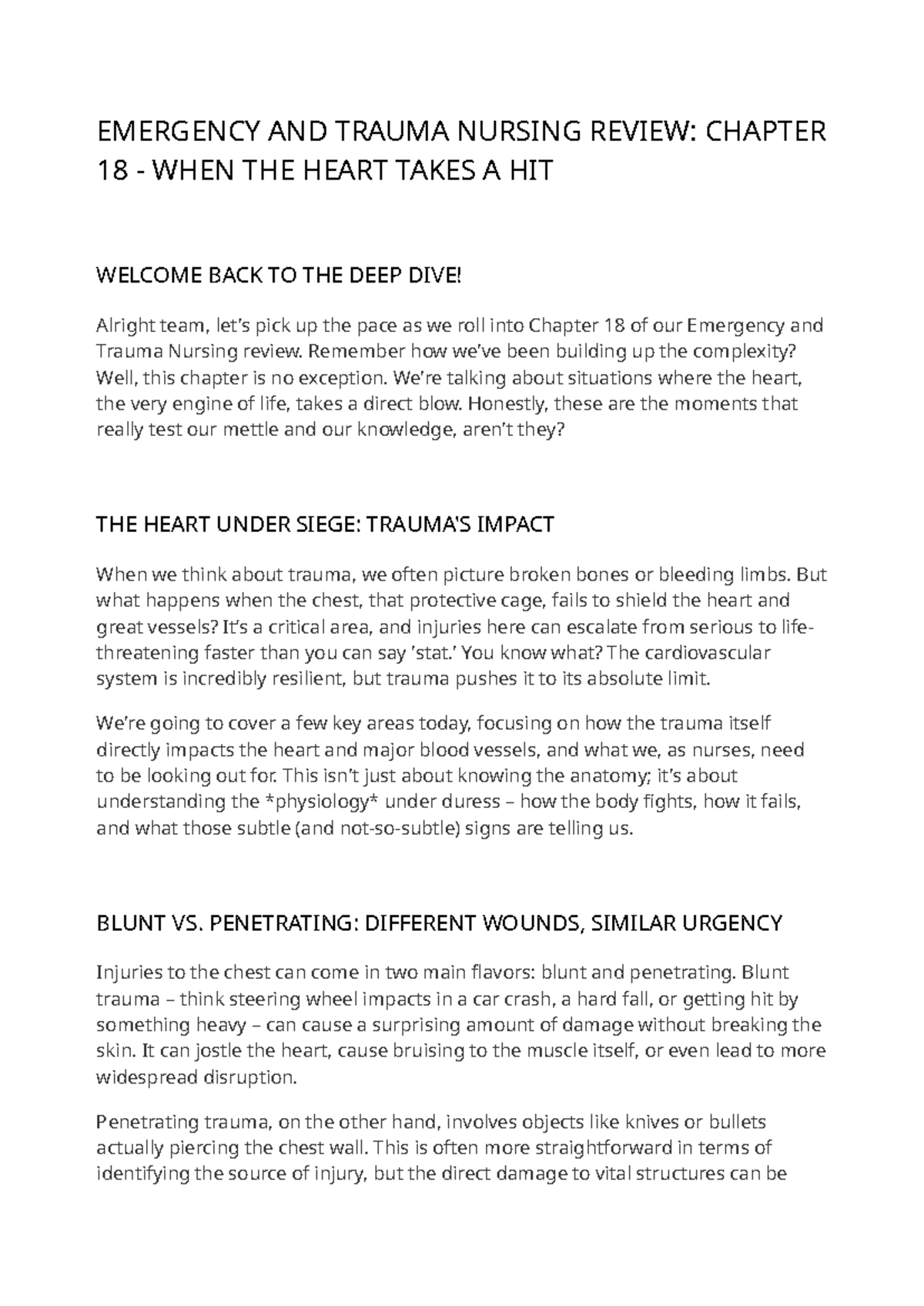 Emergency & Trauma Nursing Review: Chapter 18 - Heart Injuries - Studocu