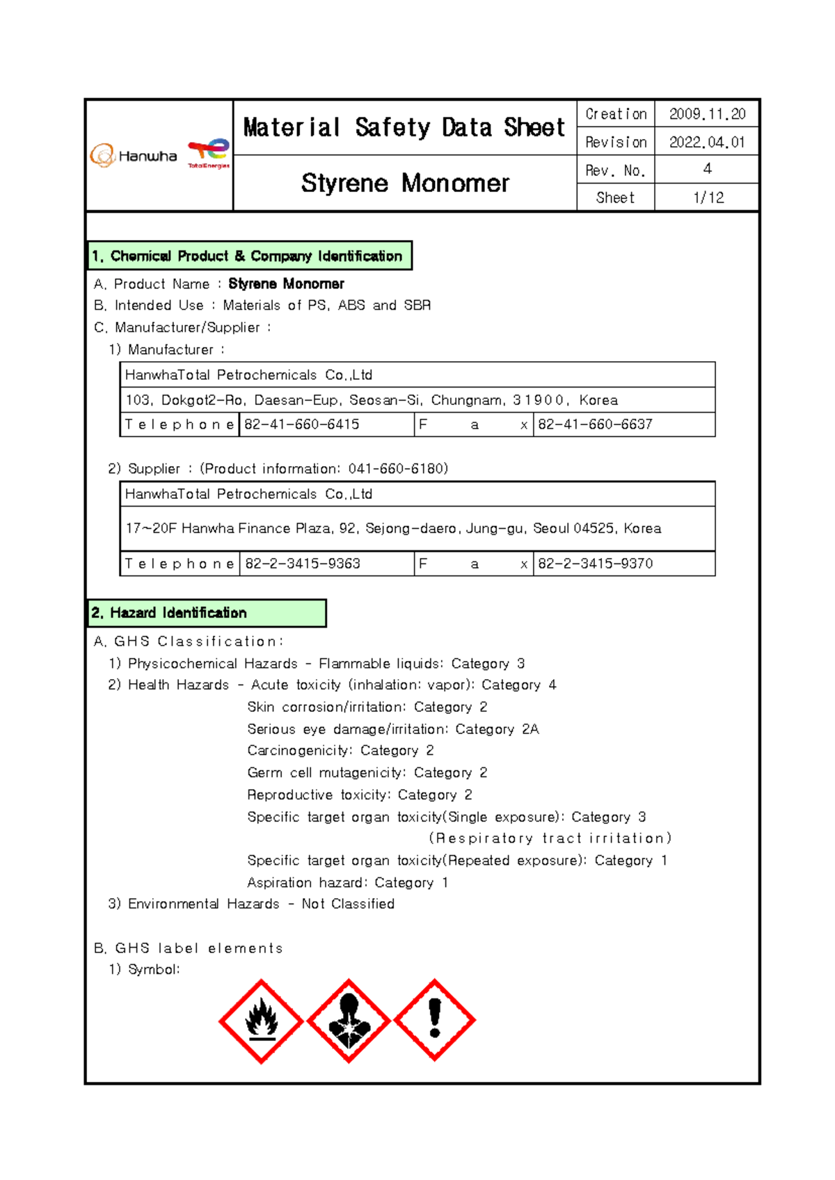 Material Safety Data Sheet (MSDS) for Styrene Monomer (GHS) - Studocu
