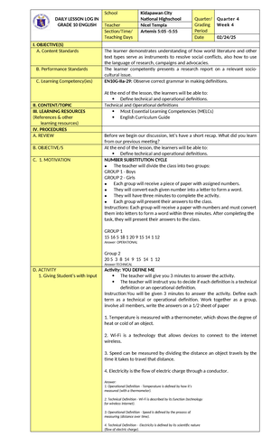 DAILY LESSON LOG: TECHNICAL & OPERATIONAL DEFINITIONS - GRADE 10 ...