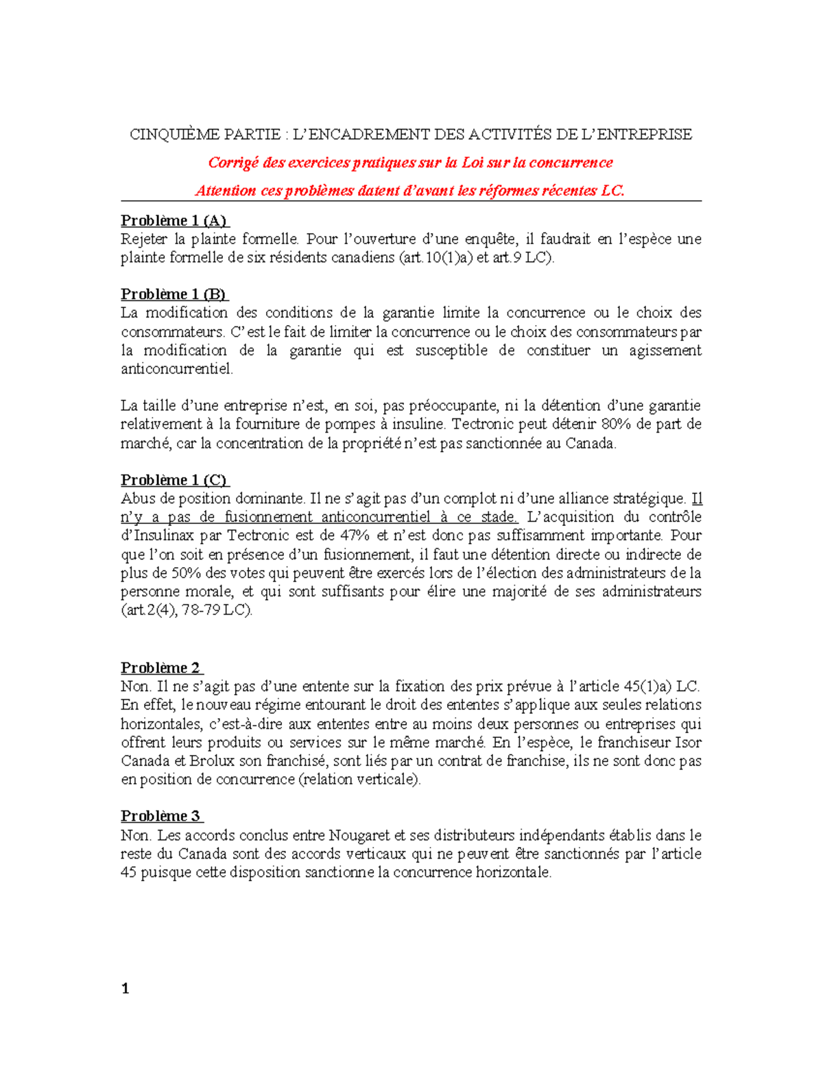 Corrigé des Exercices Pratiques sur la Loi sur la Concurrence LC - Studocu