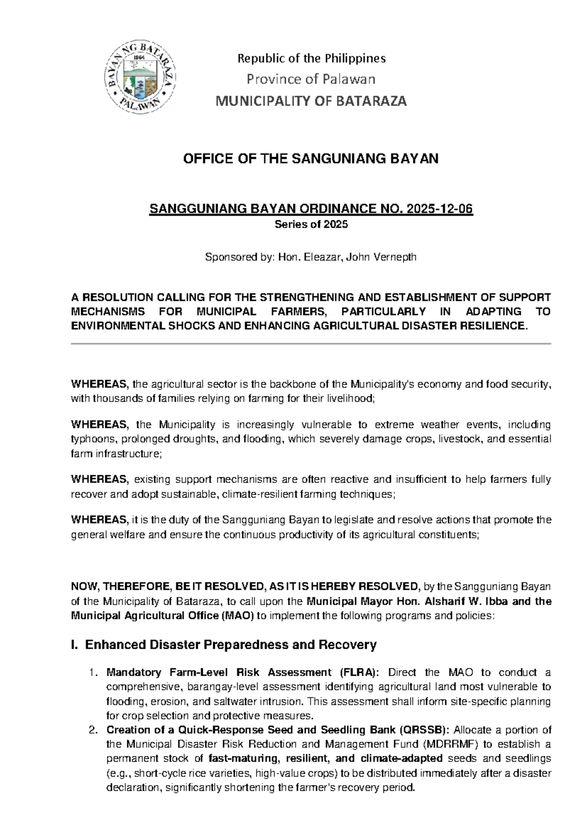 Bataraza Ordinance 2025: Support Mechanisms for Farmers' Resilience ...