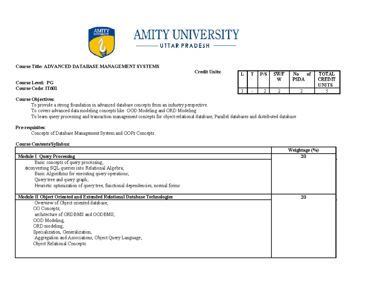 Advanced Database Management Systems Syllabus - IT601 - Studocu