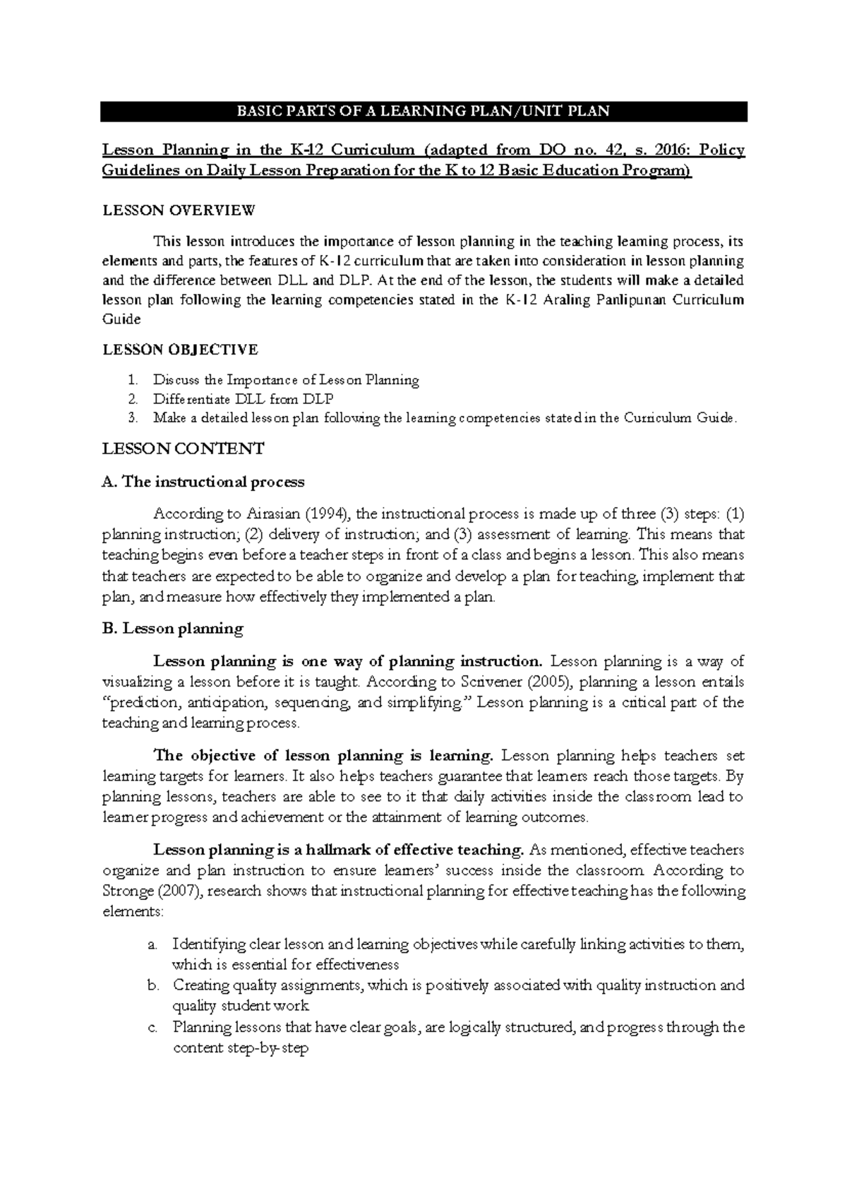 BASIC PARTS OF A LEARNING PLAN: Lesson Planning in K to 12 Curriculum ...
