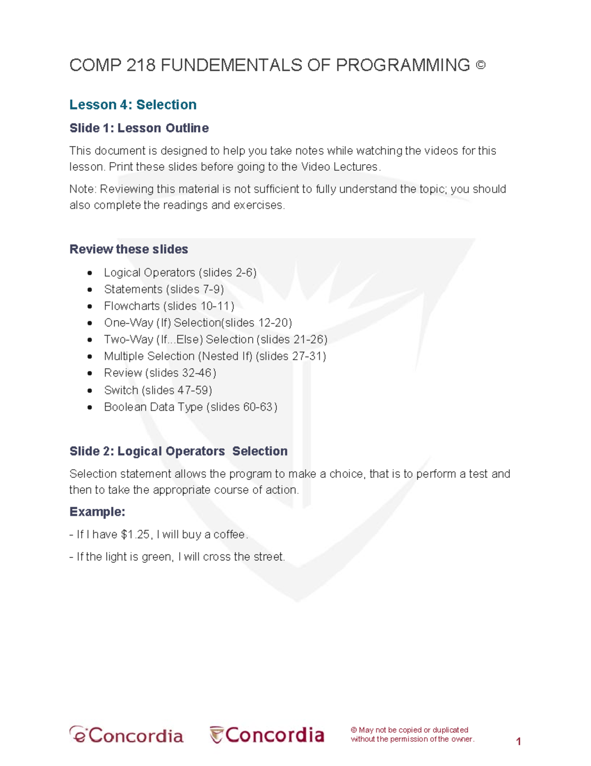 COMP 218 Fundamentals of Programming: Lesson 4 - Selection Notes - Studocu