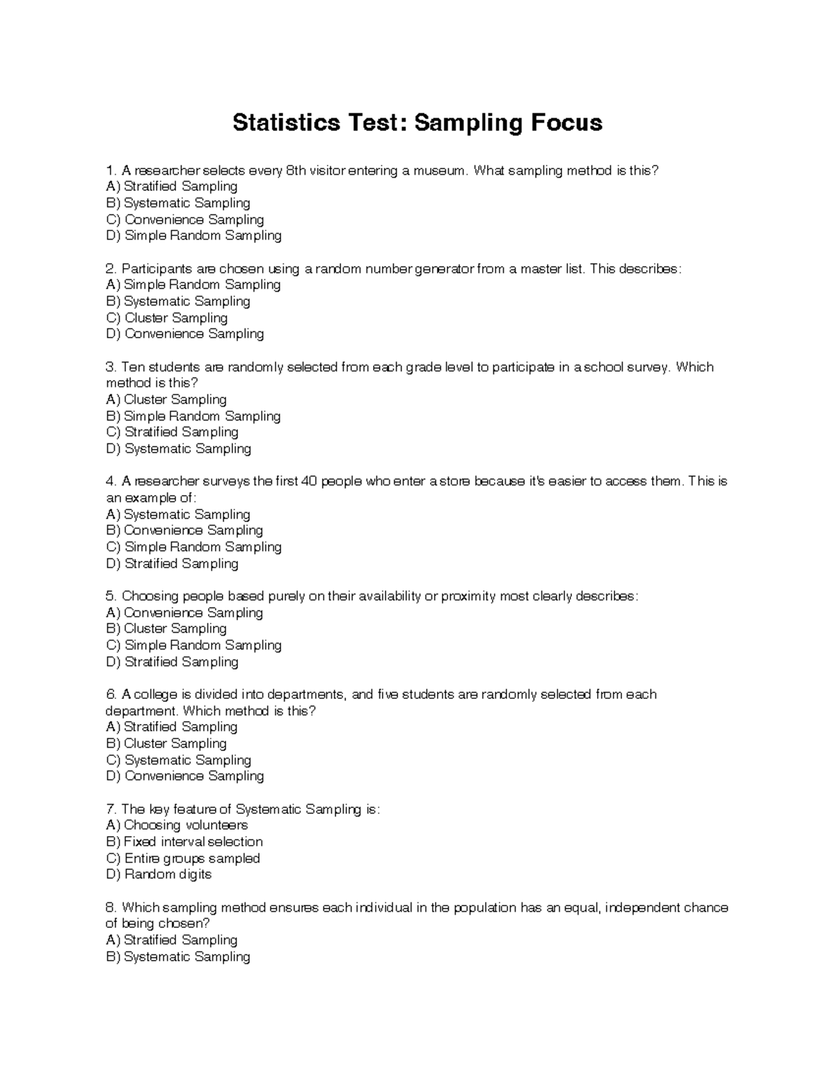 Sampling Focus Quiz: Statistics Test on Sampling Methods - Studocu