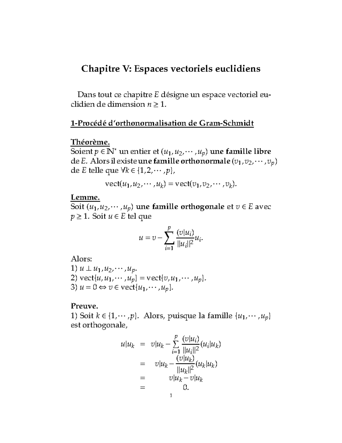 Chapitre V: Espaces Vectoriels Euclidiens - Notes de Cours - Studocu