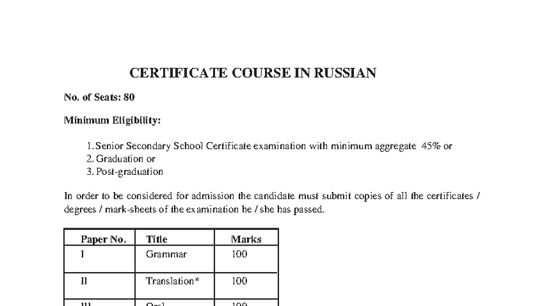 Certificate Course in Russian Language - Admission & Evaluation Details ...