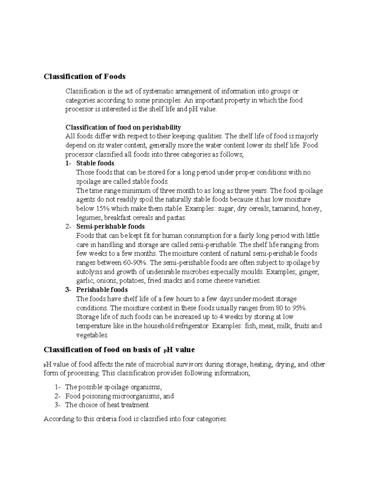 Classification of foods: understanding perishability and pH value - Studocu