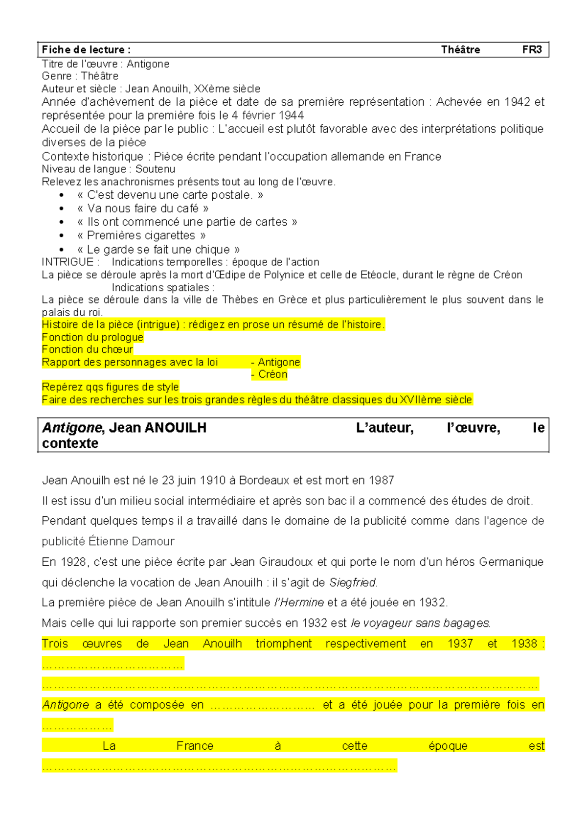 Fiche de Lecture : Antigone de Jean Anouilh (Théâtre, XXe s.) - Studocu
