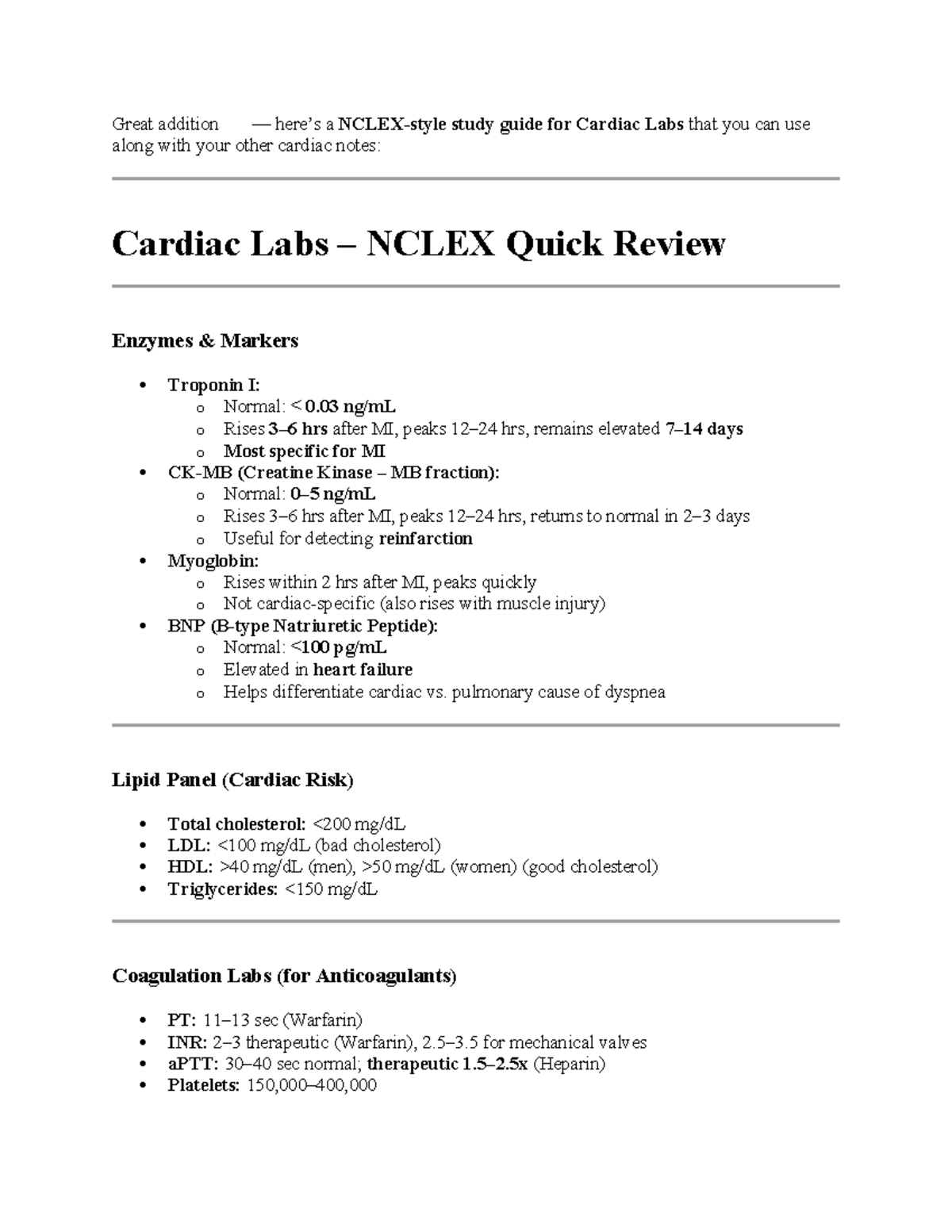 Cardiac Labs NCLEX Study Guide: Key Enzymes & Markers - Studocu