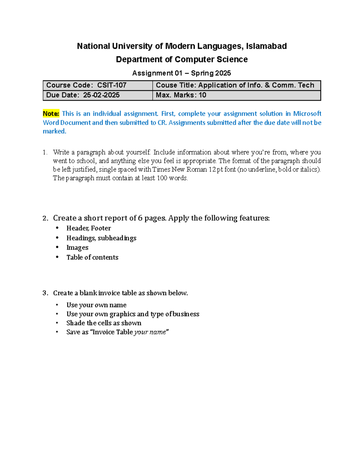 Lab Assignment 01: Application of Info. Comm. Tech - Spring 2025 - Studocu
