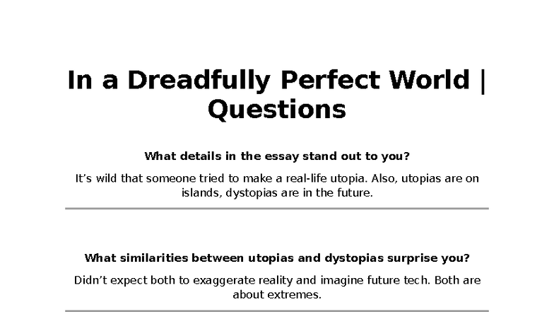 In a Dreadfully Perfect World: Utopian vs. Dystopian Analysis - Studocu