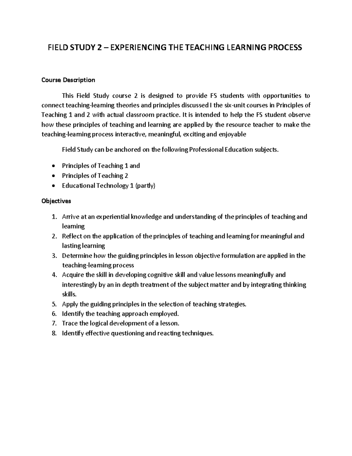 FS2 - Field Study on Teaching-Learning Process in Classrooms - Studocu