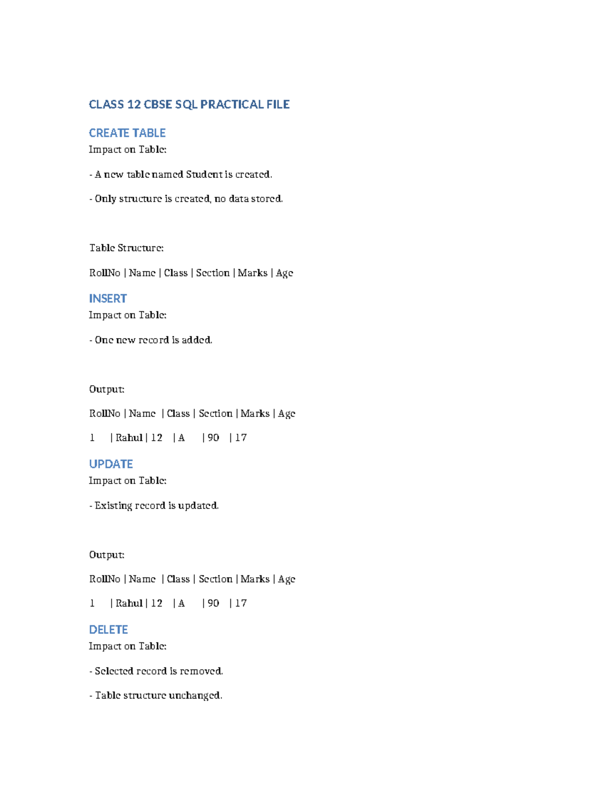 CBSE Class 12 SQL Practical File: Create, Insert, Update, Delete - Studocu