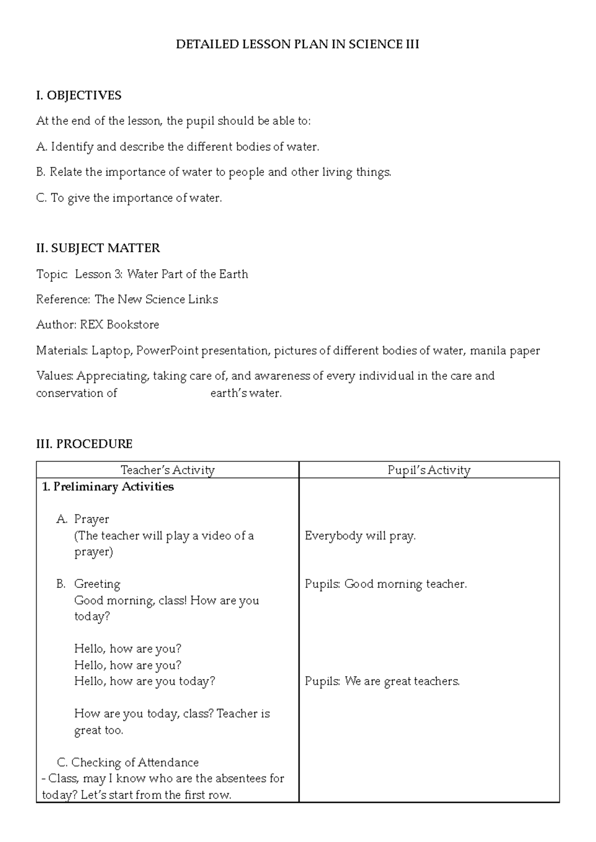 Detailed Lesson Plan in Science III: Importance of Water Forms - Studocu