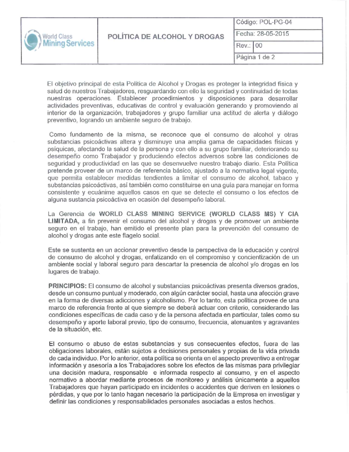 Política de Alcohol y Drogas en WORLD CLASS Mining Services - Studocu