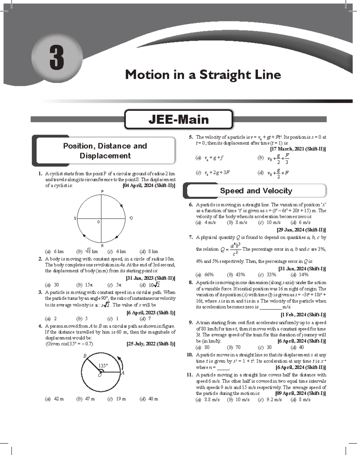 PYQs (JEE Main and Adv) on Motion in a Straight Line - Studocu