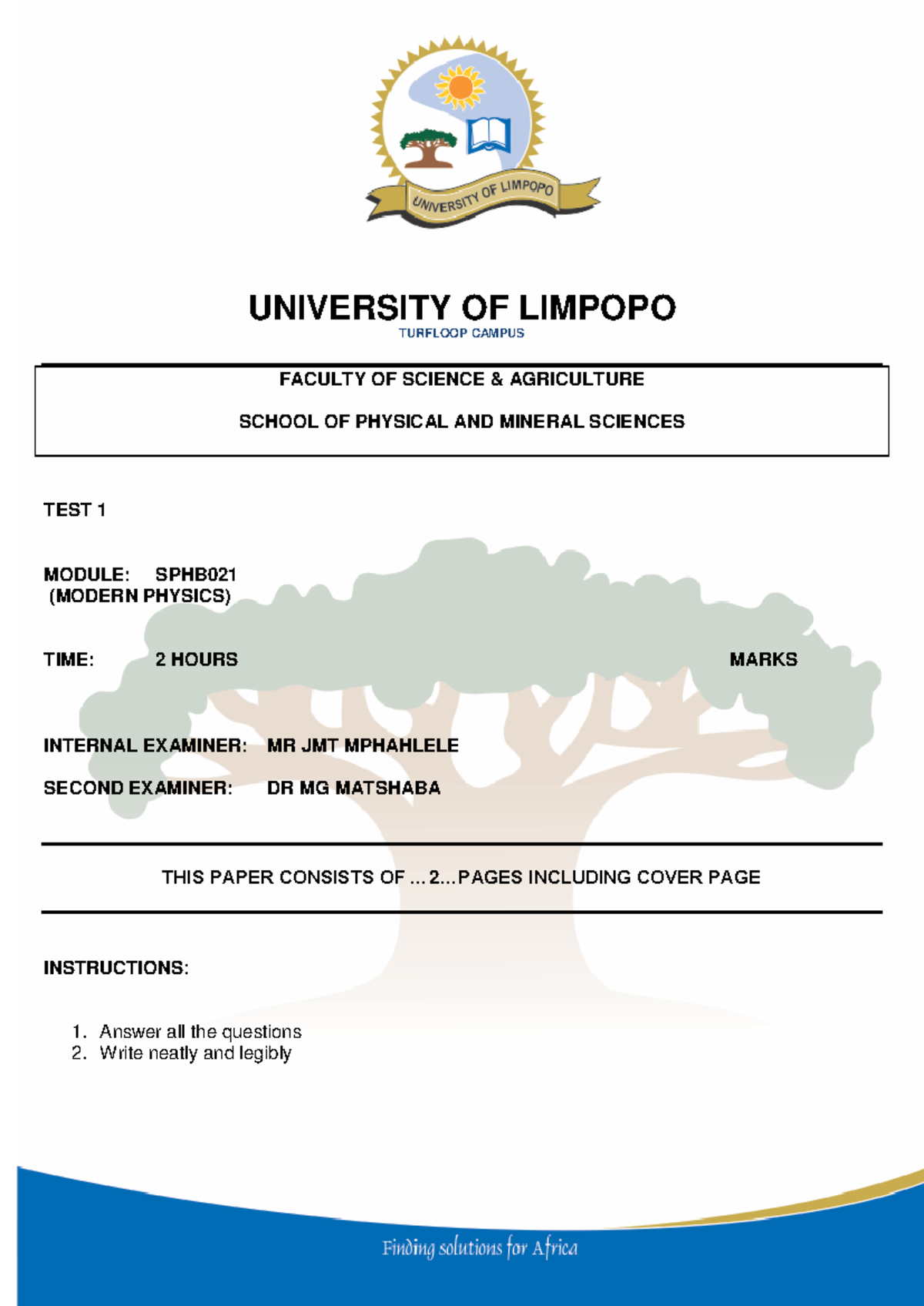 Possible Test exam Questions - UNIVERSITY OF LIMPOPO TURFLOOP CAMPUS ...