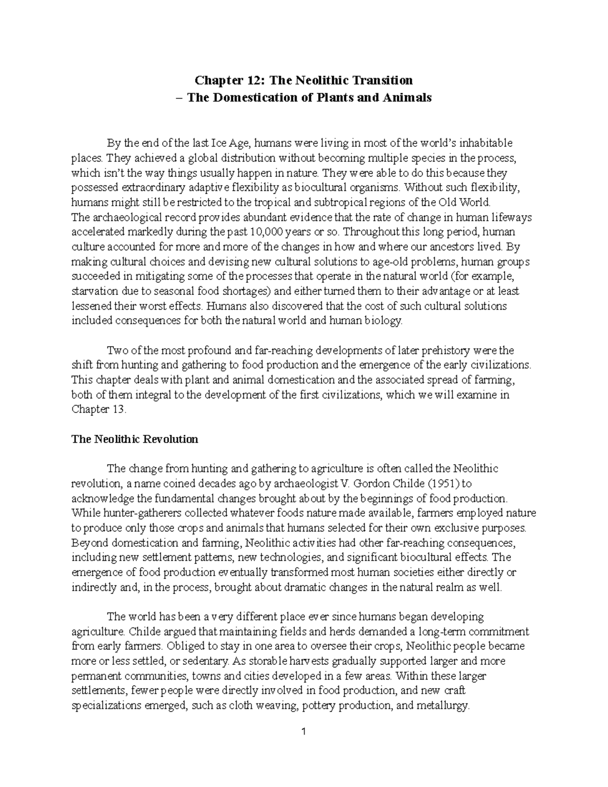 Chapter 12: The Neolithic Transition & Plant/Animal Domestication ...