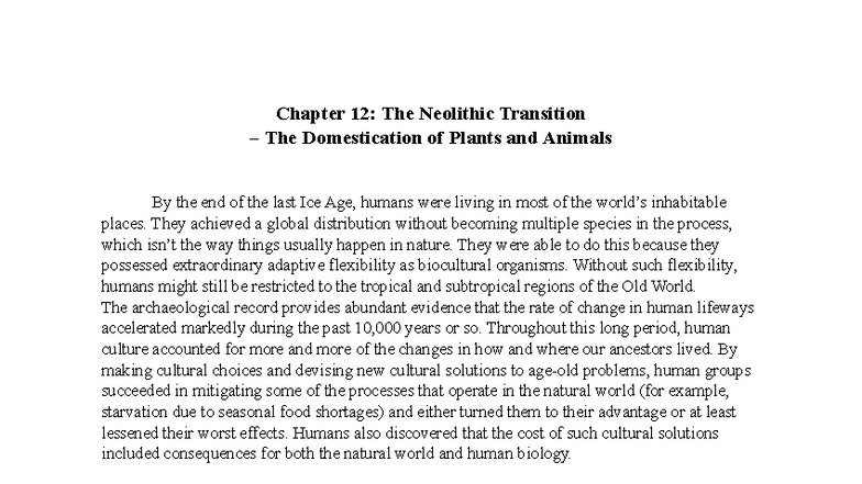 Chapter 12: The Neolithic Transition & Plant/Animal Domestication ...