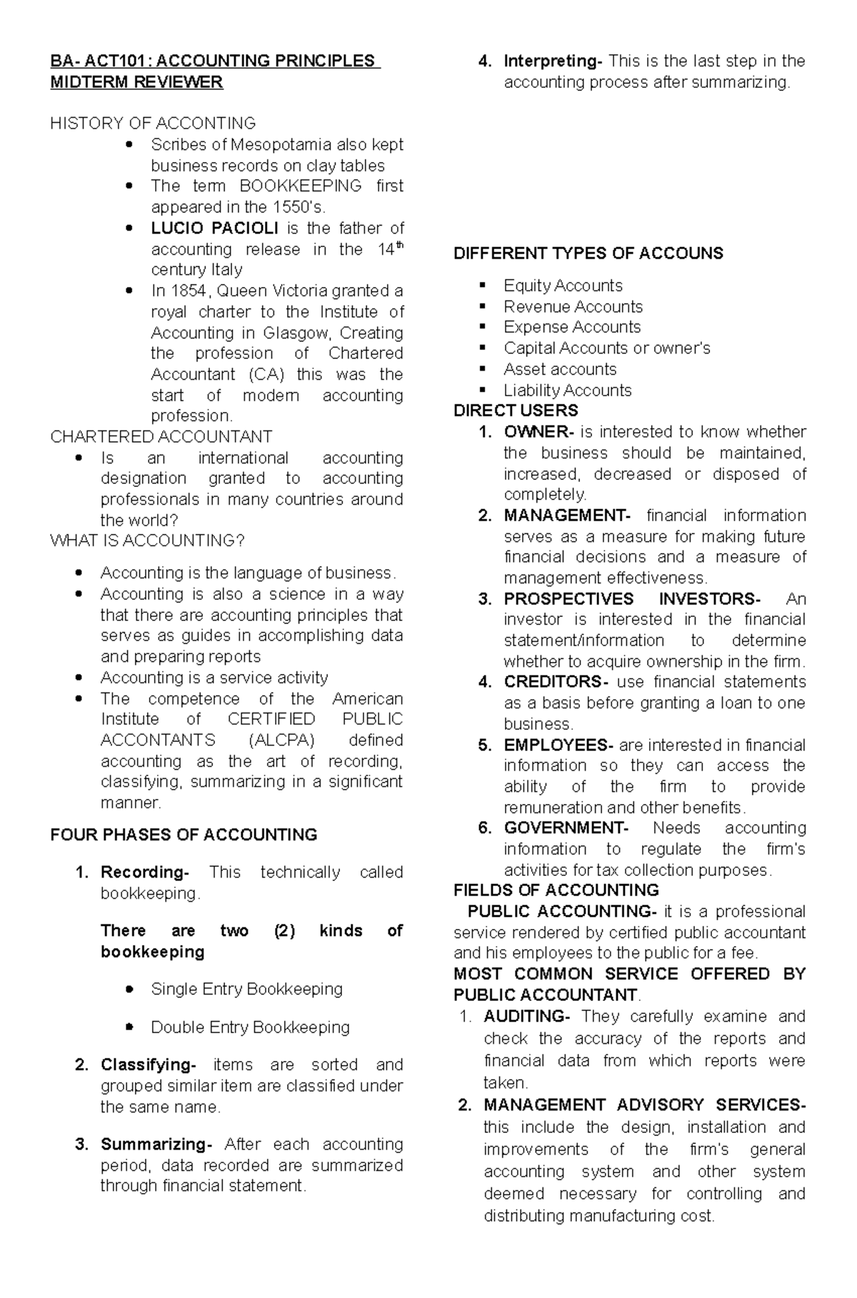 BA-ACT101: Accounting Principles Midterm Study Guide - Studocu