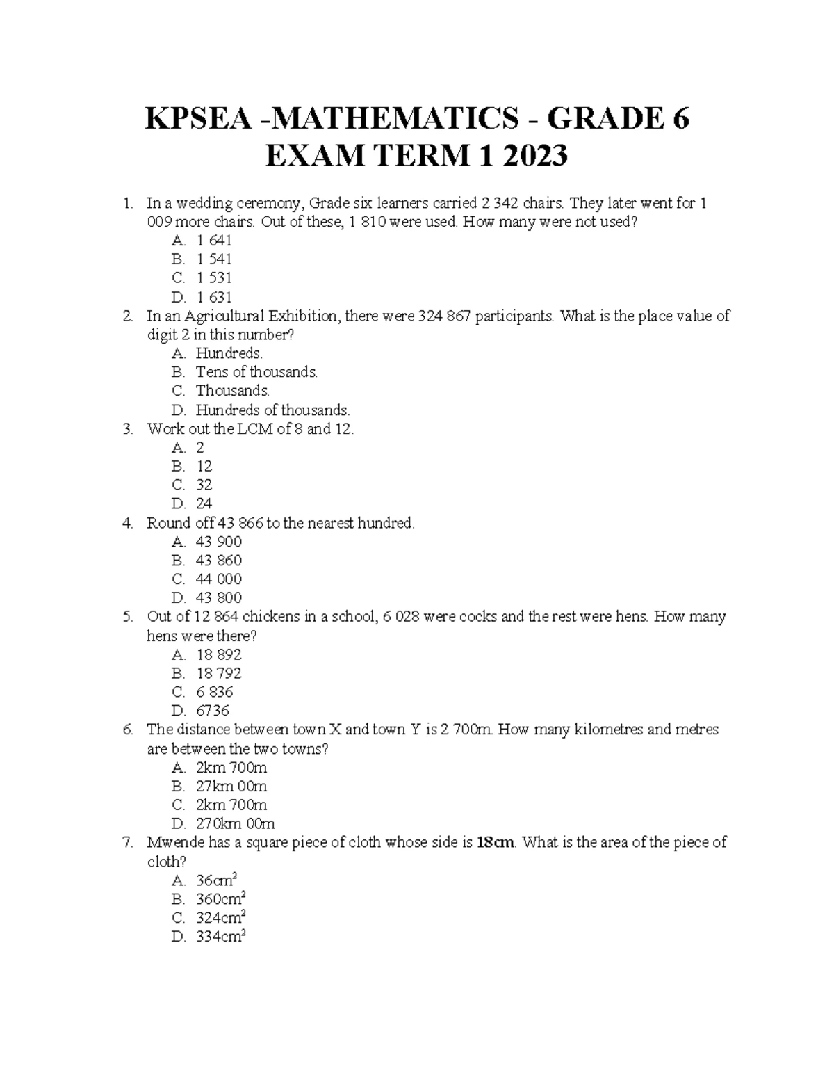 Mathematics-3 - Grade 6 KPSEA Term 1 Exam Practice Questions - Studocu