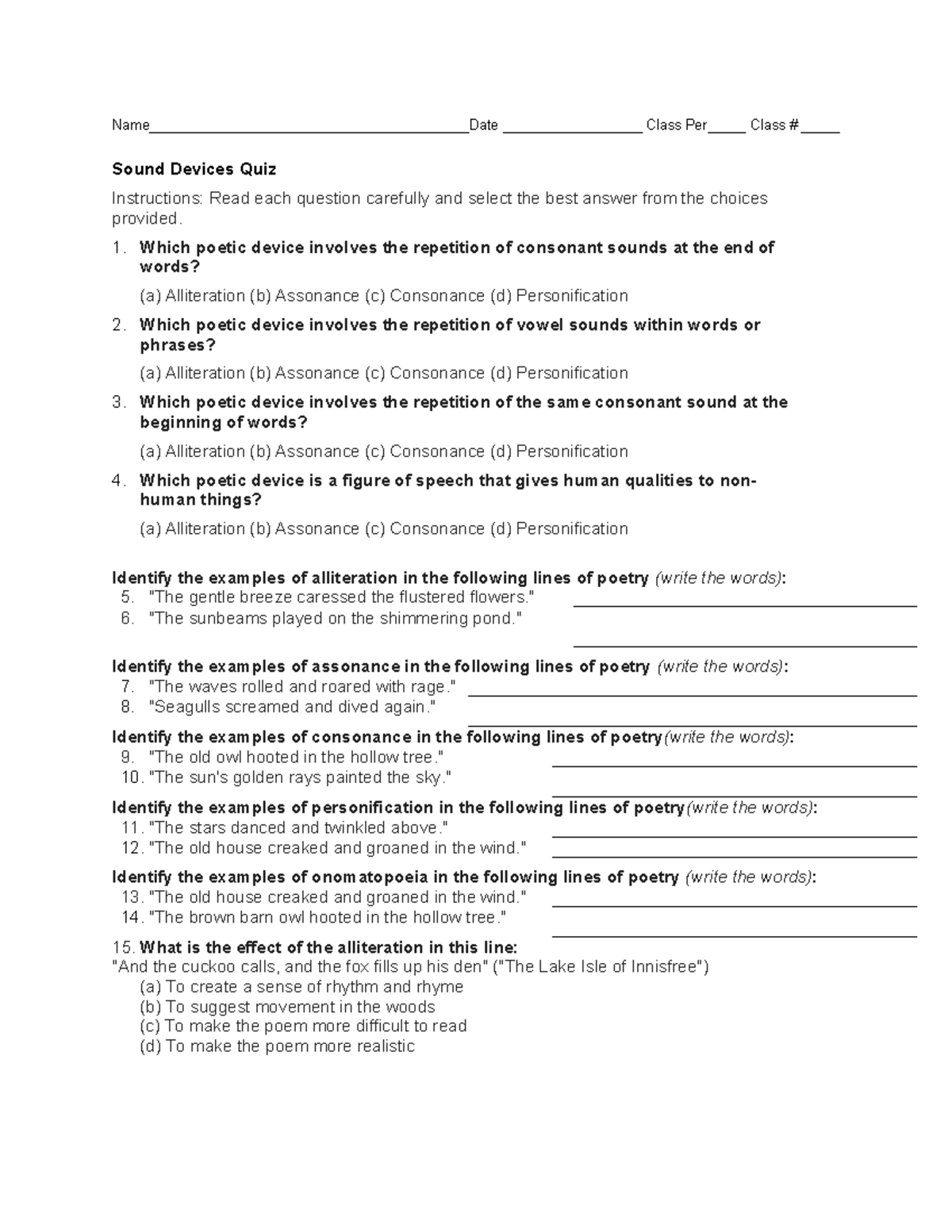 Sound Devices Quiz: Understanding Poetic Techniques - Studocu