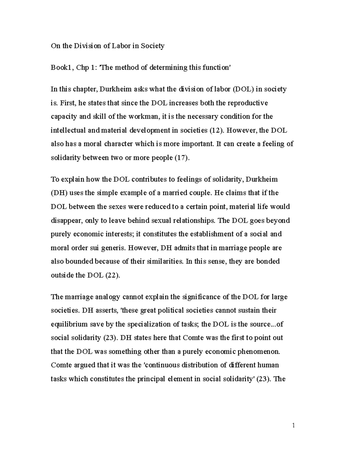DOL Chapter Summaries: Understanding Durkheim's Division of Labor - Studocu