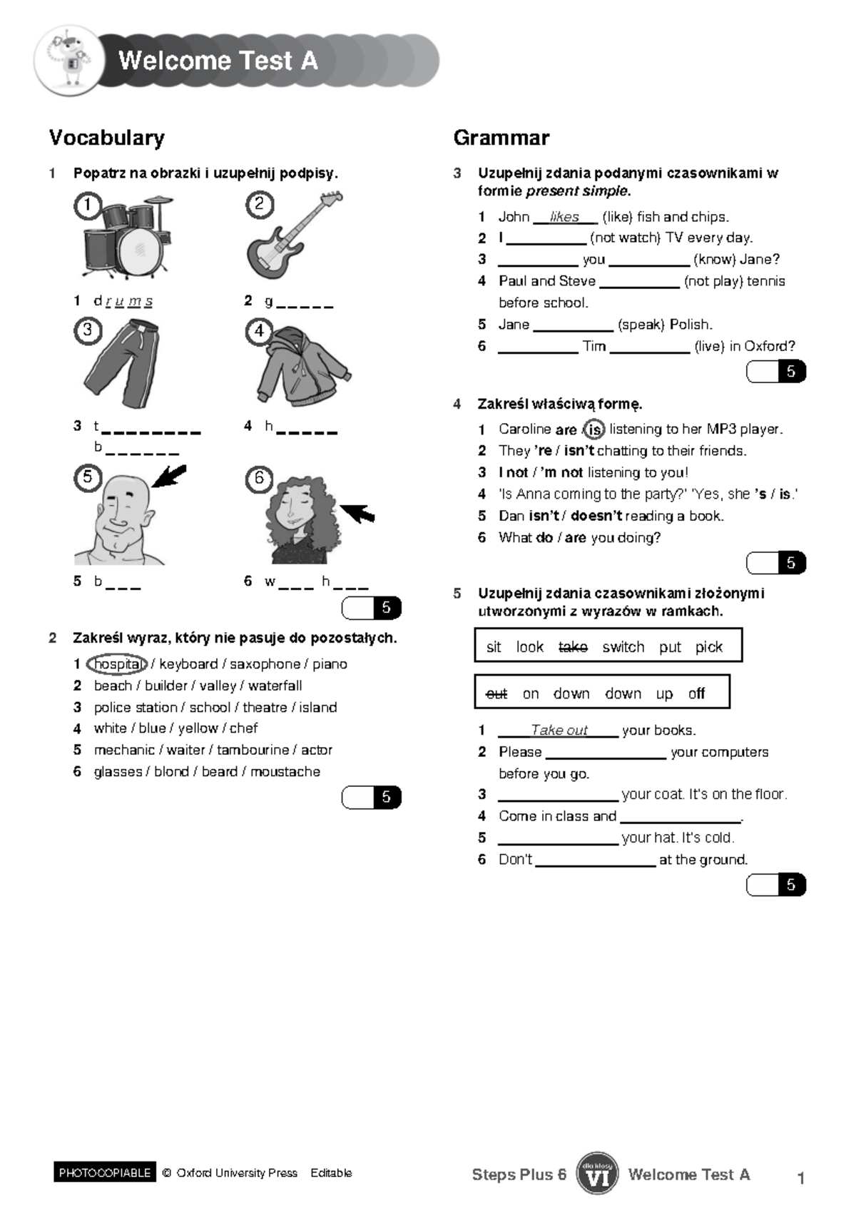 Welcome Test A, B, C & Unit 1, 2 Tests - Steps Plus 6 - Studocu