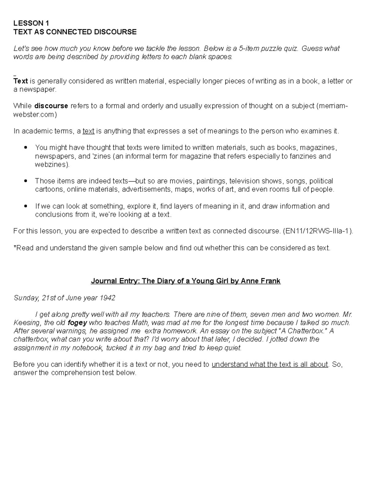 RWS-M1-L1 - Understanding Texts as Connected Discourse in Lesson 1 - Studocu