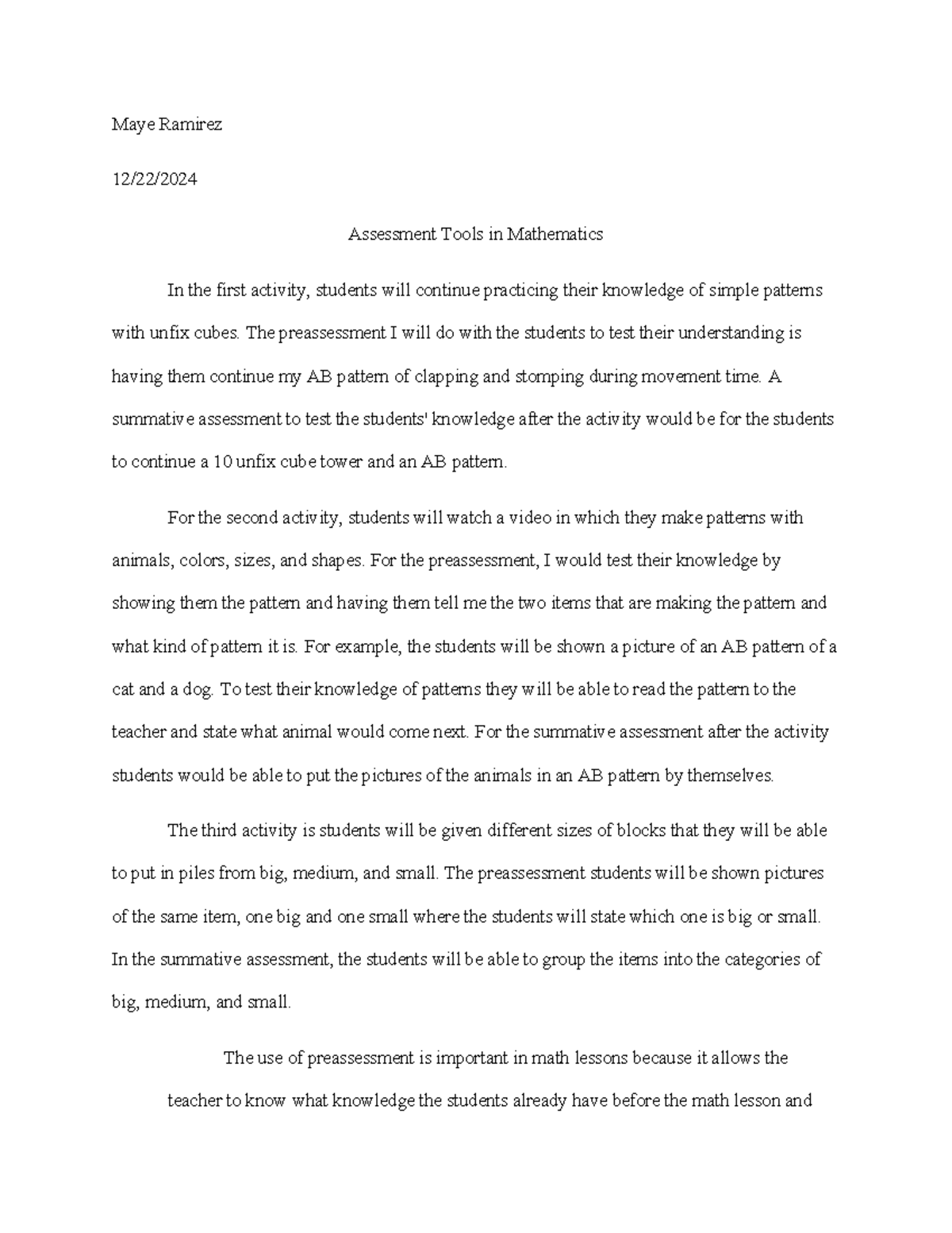 Assessment Tools for Math Patterns and Grouping Activities - Studocu