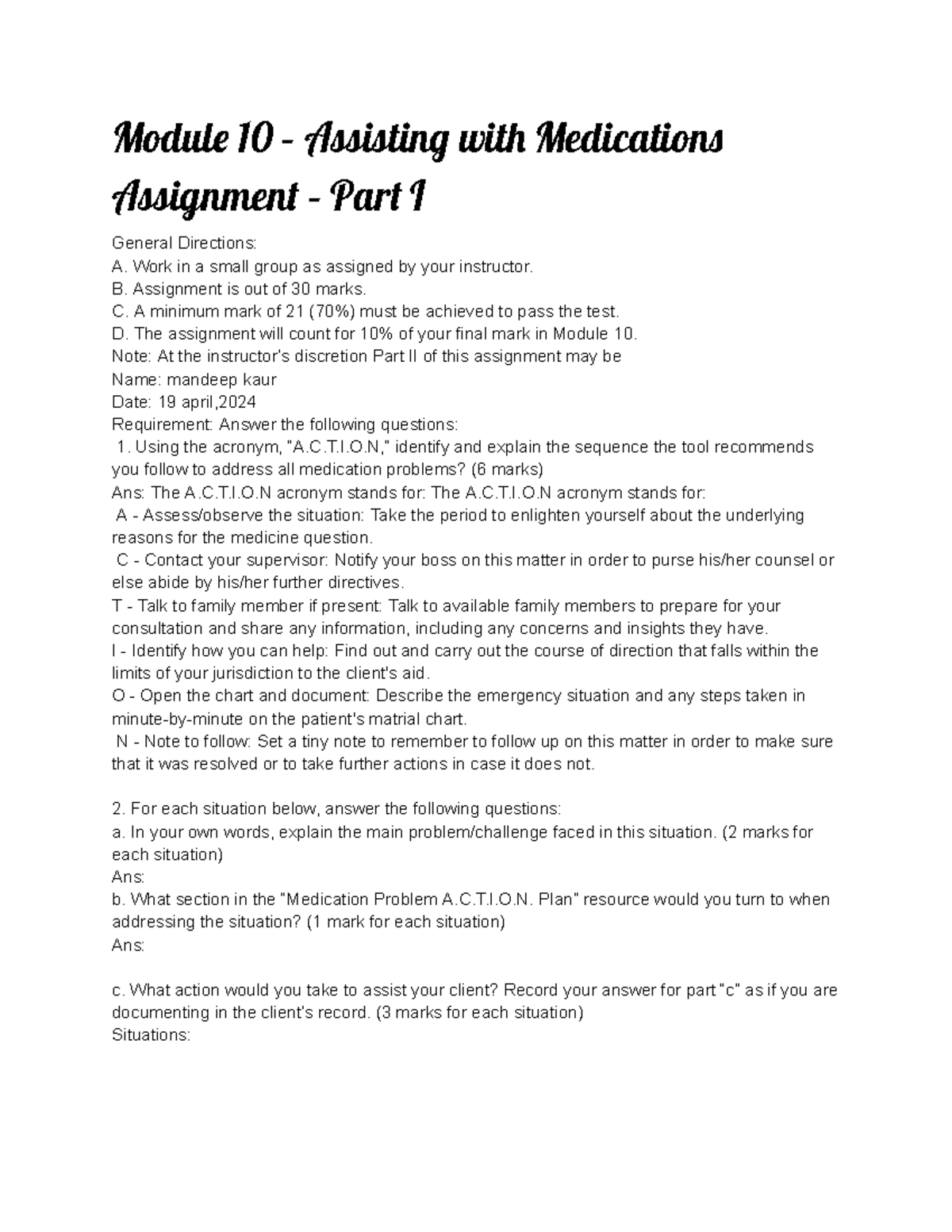 Module 10 – Medications Assistance Assignment – Part I - Studocu
